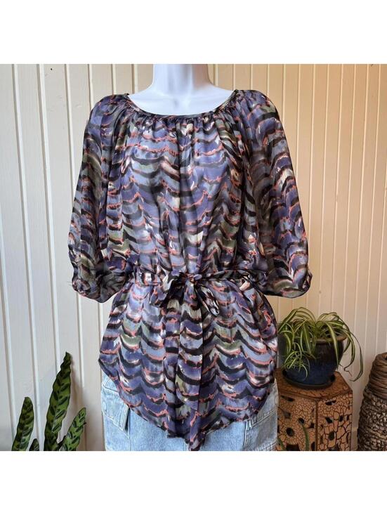 me too | Tops | Too Mi Abstract Print Boho Blouse Sheer Balloon Sleeve ...